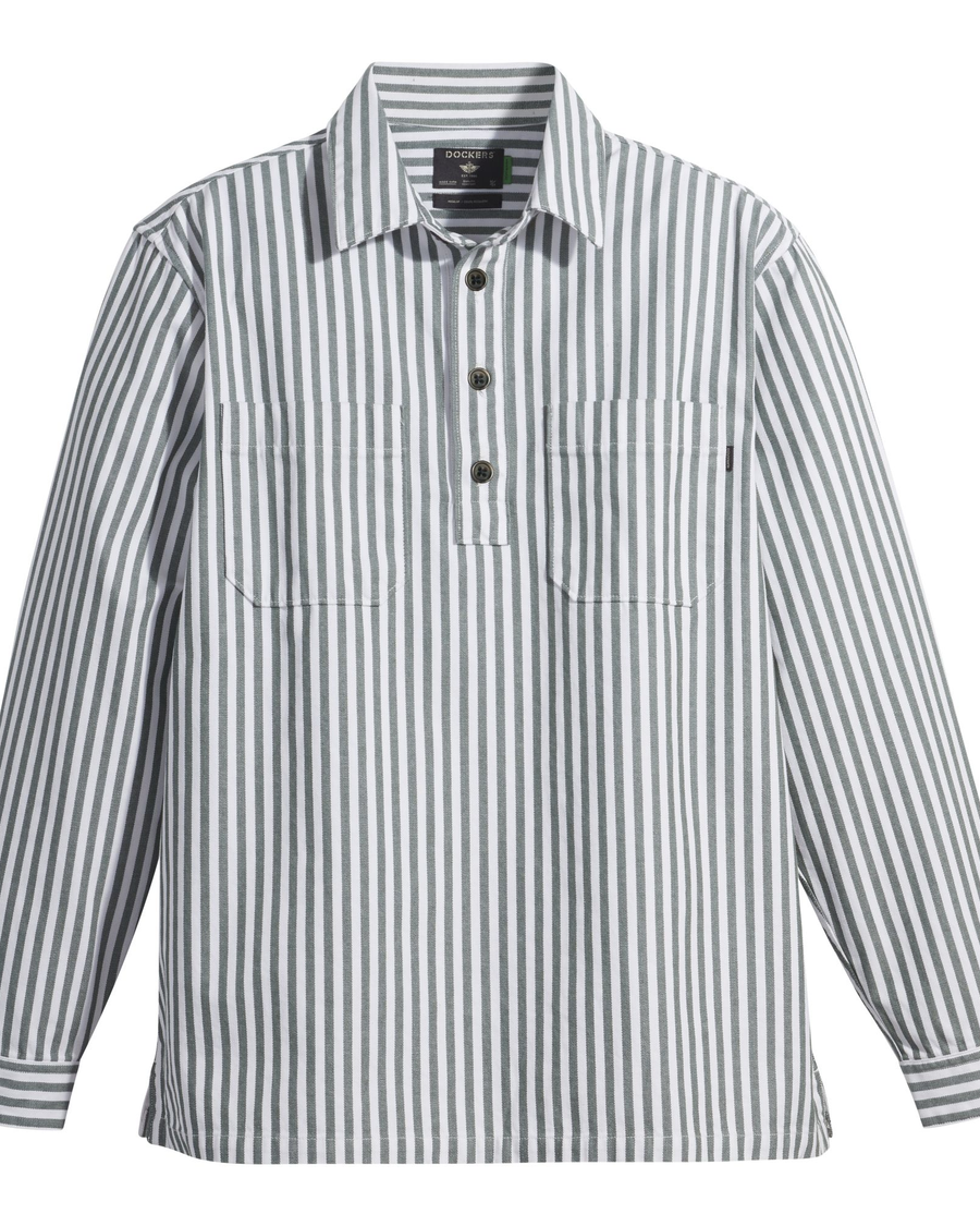 View of model wearing Dos Palos Cilantro Men's Relaxed Fit Workwear Shirt.